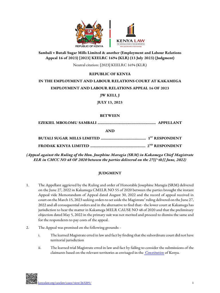 Sambali V Butali Sugar Mills Limited Another (Employment and Labour ...