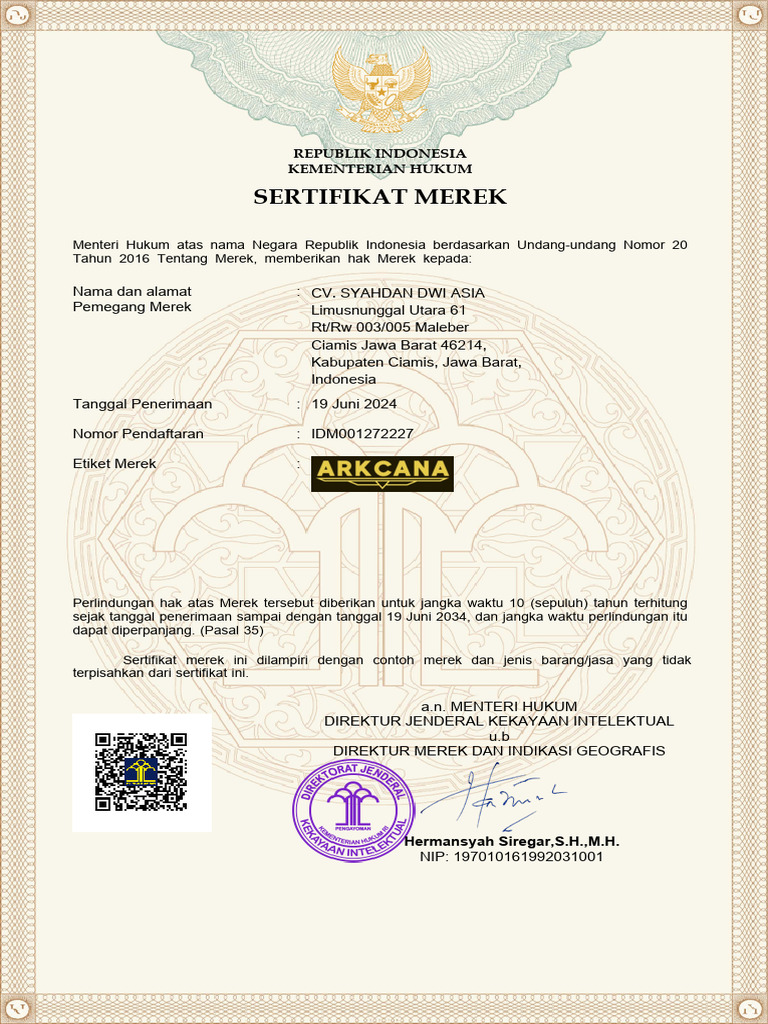 Sertifikat Merek CV. Syahdan Dwi Asia | PDF