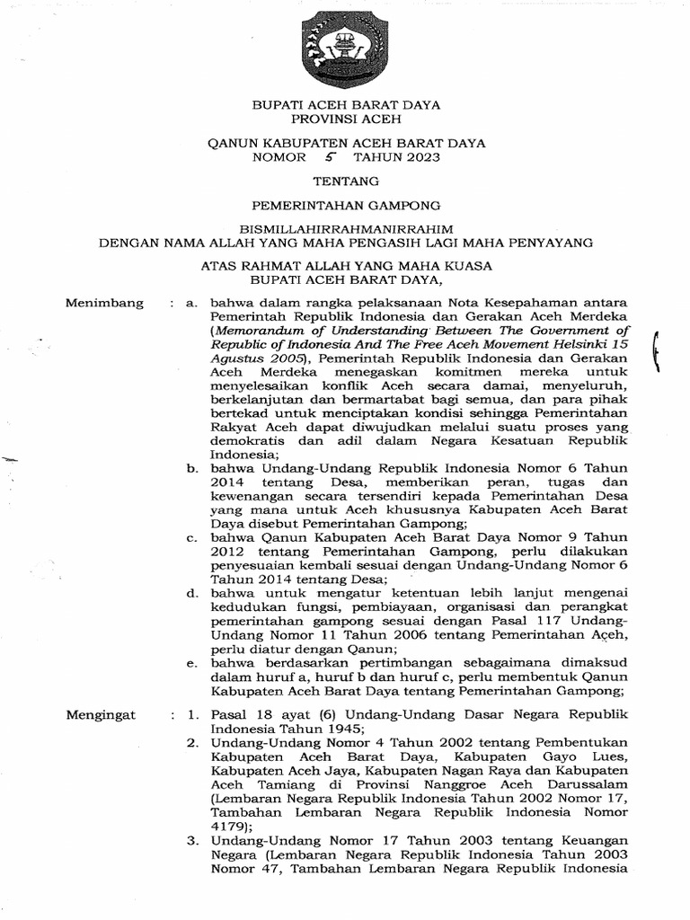 Qanun Aceh Barat Daya Nomor 5 Tahun 2023 | PDF