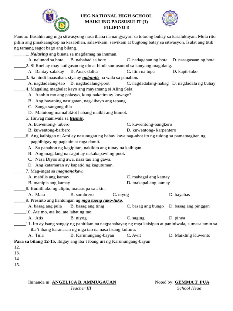 MAIKLING PAGSUSULIT 1,2 FILIPINO 8 Q1 | PDF