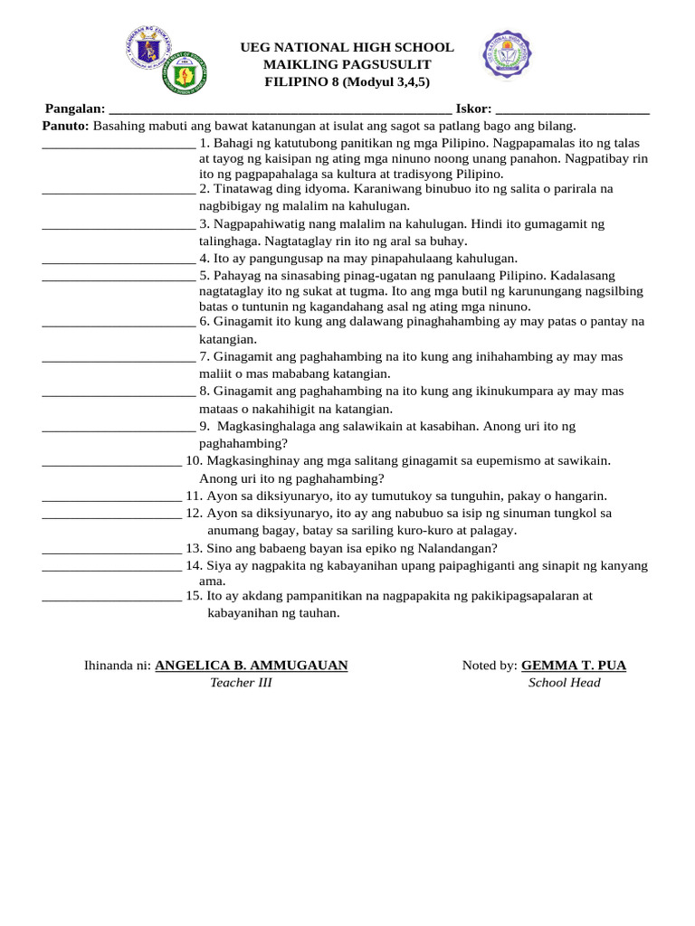 Maikling Pagsusulit 3,4,5 Filipino 8 Q1 | PDF