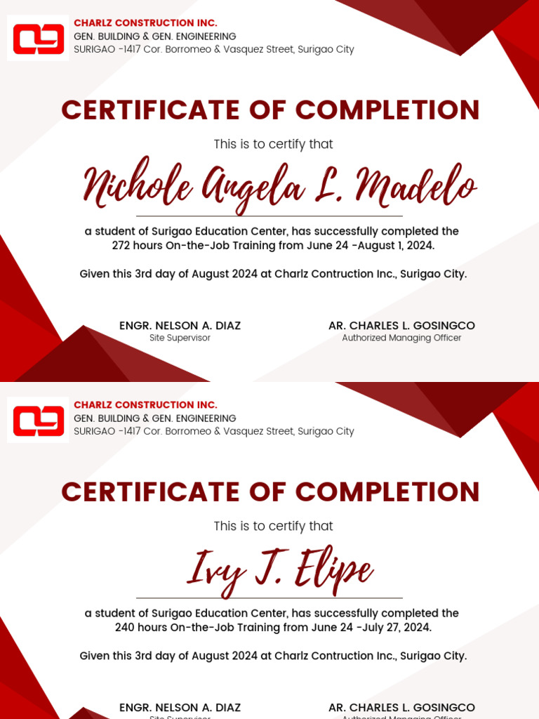 Surigao Education Center Completion Certificates | PDF