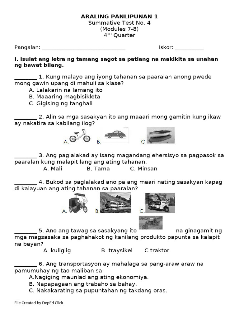 Araling Panlipunan 1: Pangalan: - Iskor | PDF