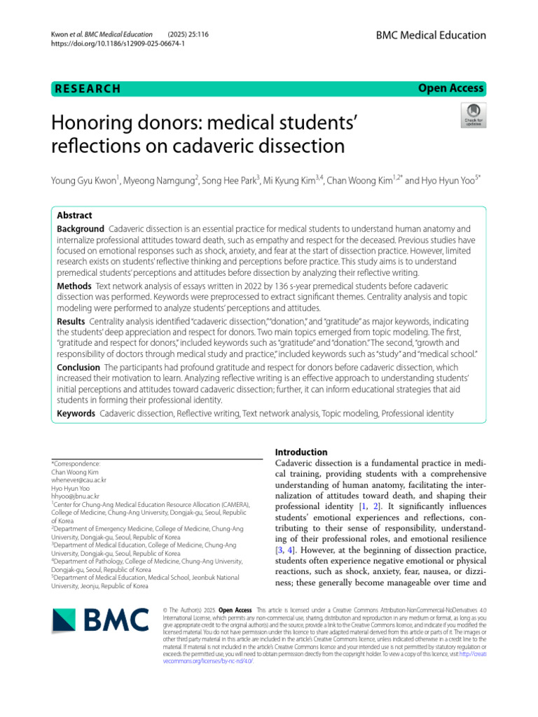 Honoring Donors: Medical Students' Reflections On Cadaveric Dissection ...