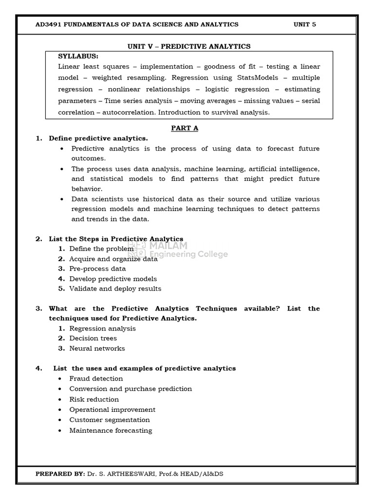 FDSA UNIT 5 | PDF | Regression Analysis | Predictive Analytics