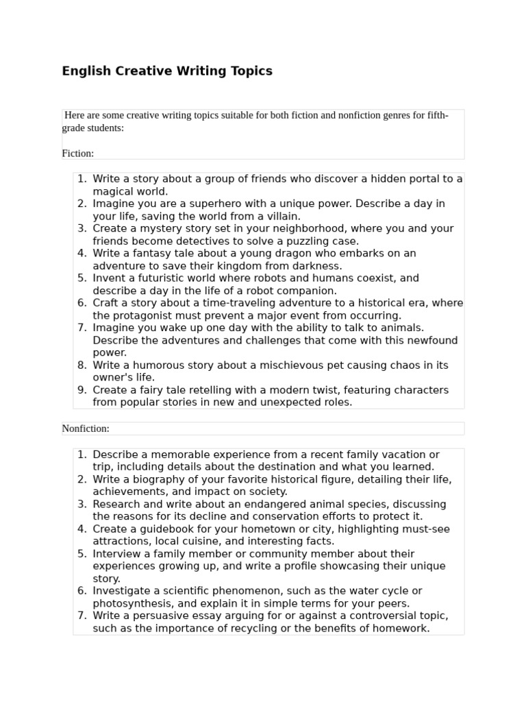 Grade 5 Creative Writing Topics | PDF