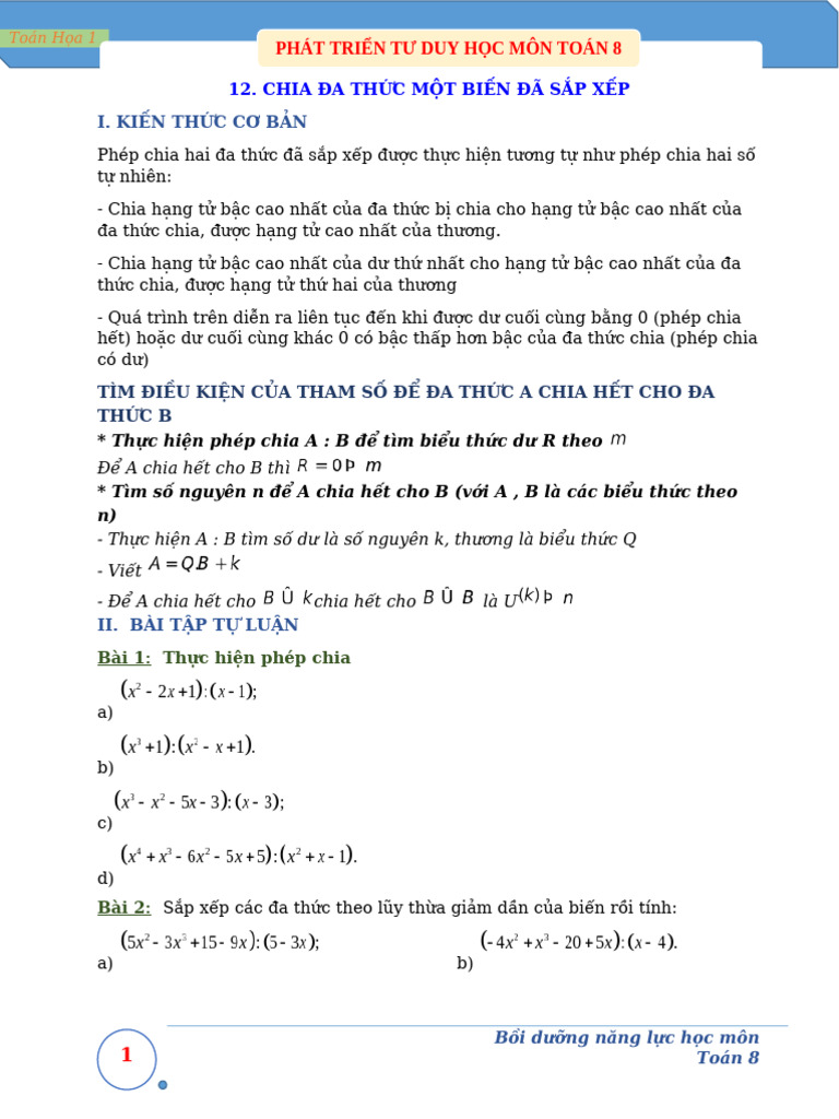 C1 - 12 Chia Da Thuc Mot Bien Da Sap Xep | PDF