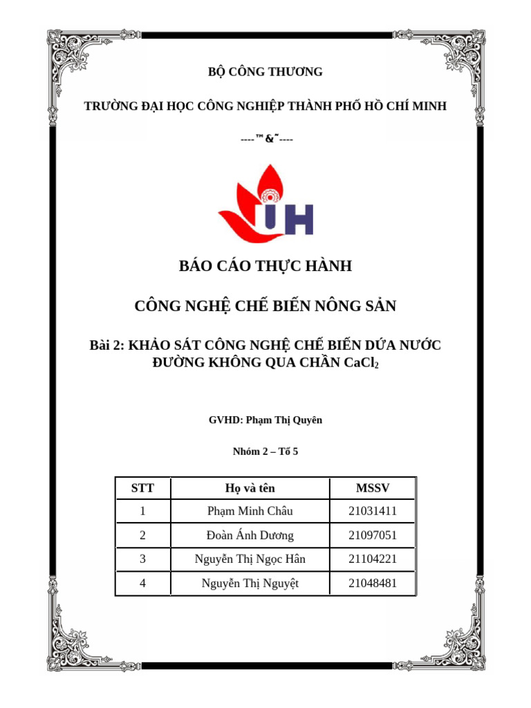 Báo Cáo Thực Hành Công Nghệ Chế Biến Nông Sản | PDF