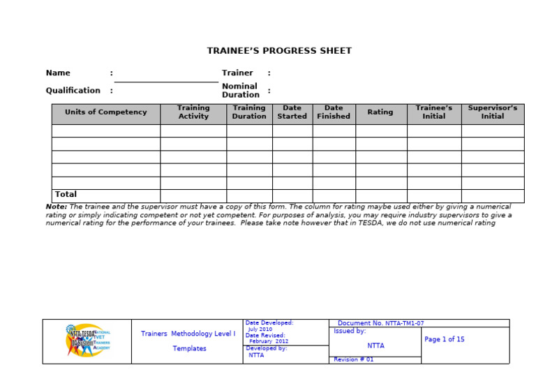 Trainee Progress Sheet for NC2 2023 | PDF