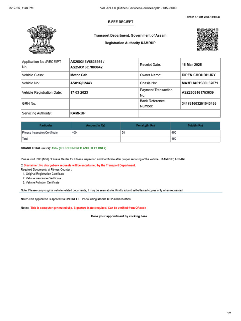 Vahan 4.0 Citizen Services Receipt | PDF | Receipt