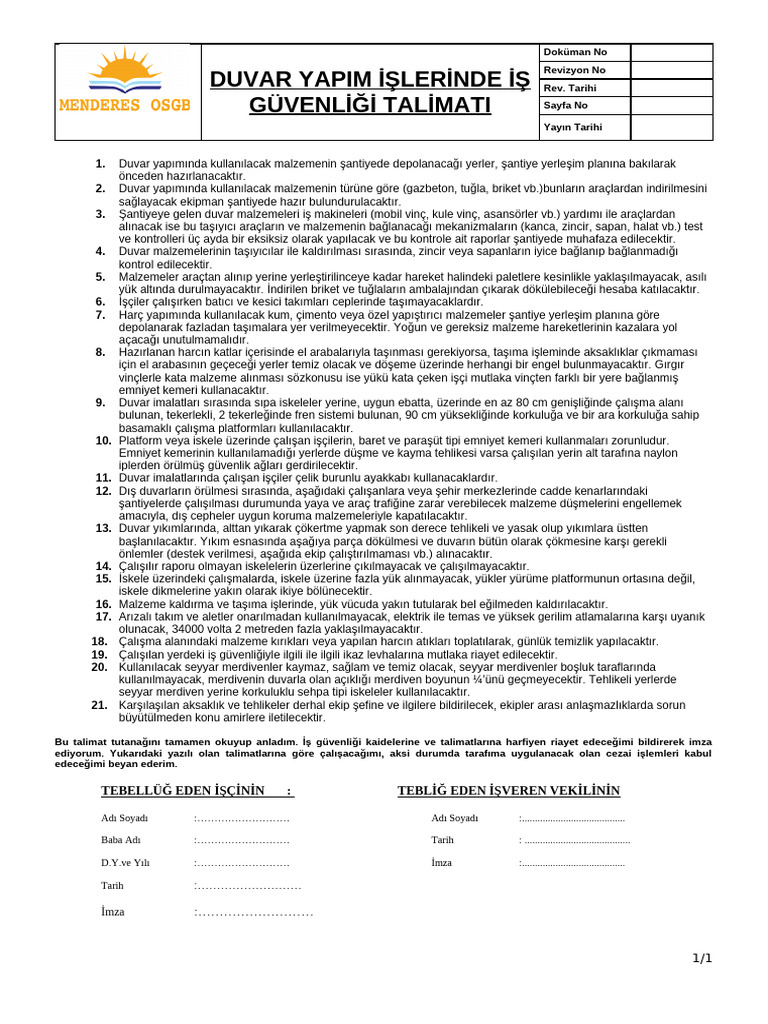 Duvar Yapim İşleri̇nde İsg Tali̇mati | PDF