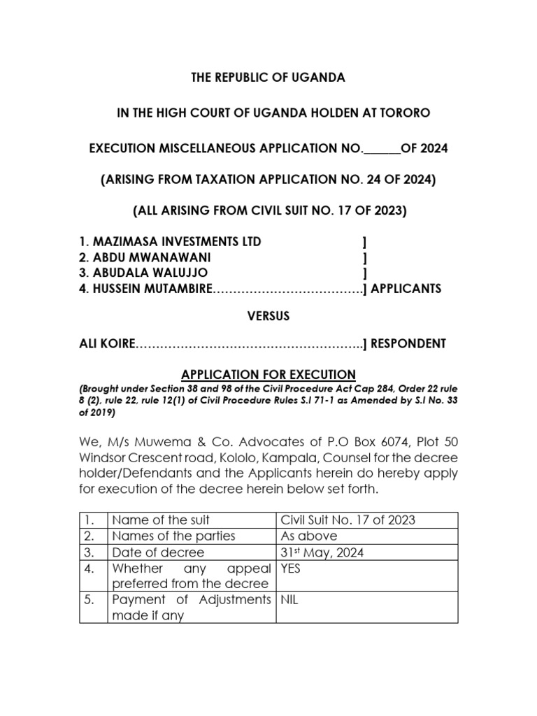Application for Stay of Execution Uganda | PDF | Lawsuit | Public Law