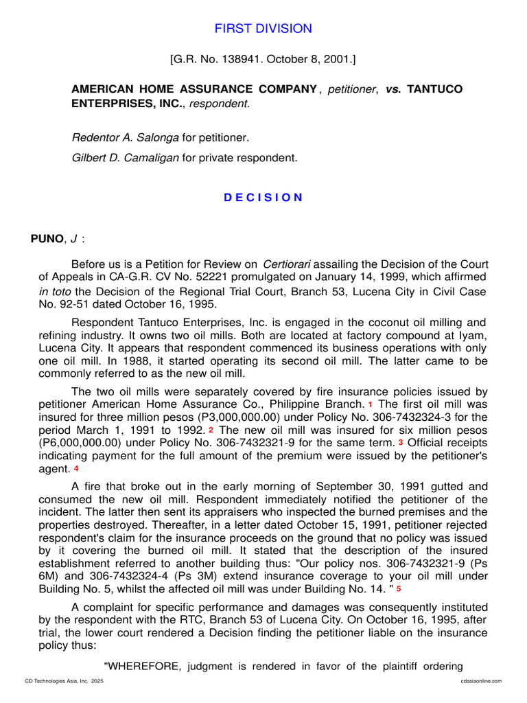 Insurance Dispute: Tantuco vs. American Home | PDF | Insurance | Estoppel