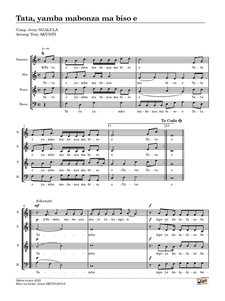 Tata, Yamba Mabonza Ma Biso E - Jerry Ngalula - Arr - Tony Akundi | PDF