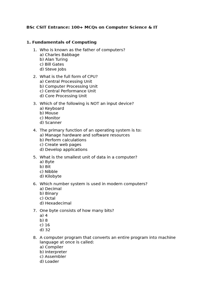 BSC CSIT Entrance Computer and General IT Questions | PDF | Computer Network | Internet Protocol ...
