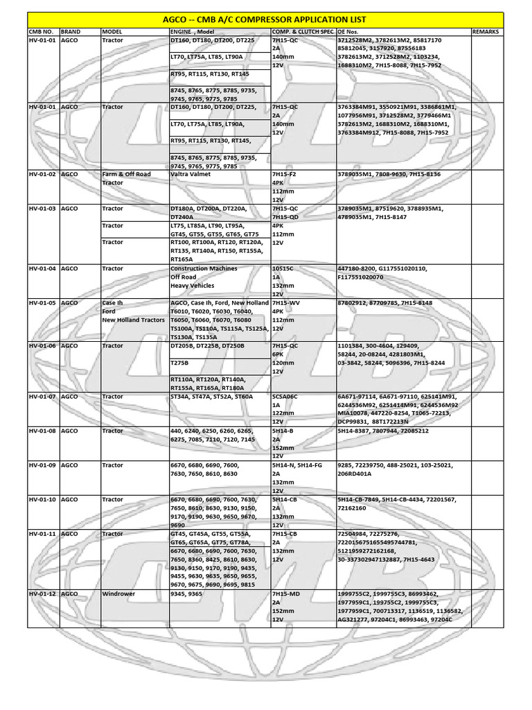 Agco - CMB Ac Compressors Application List | PDF | Construction ...