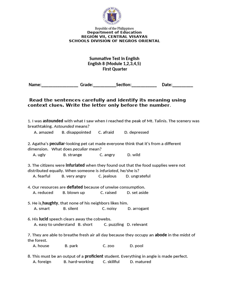 First Quarter Summative Test English 8 JNB | PDF