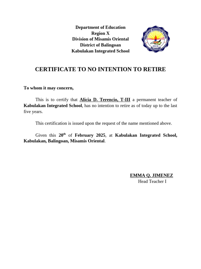 Department of Education NO INTENTION TO RETIRE | PDF