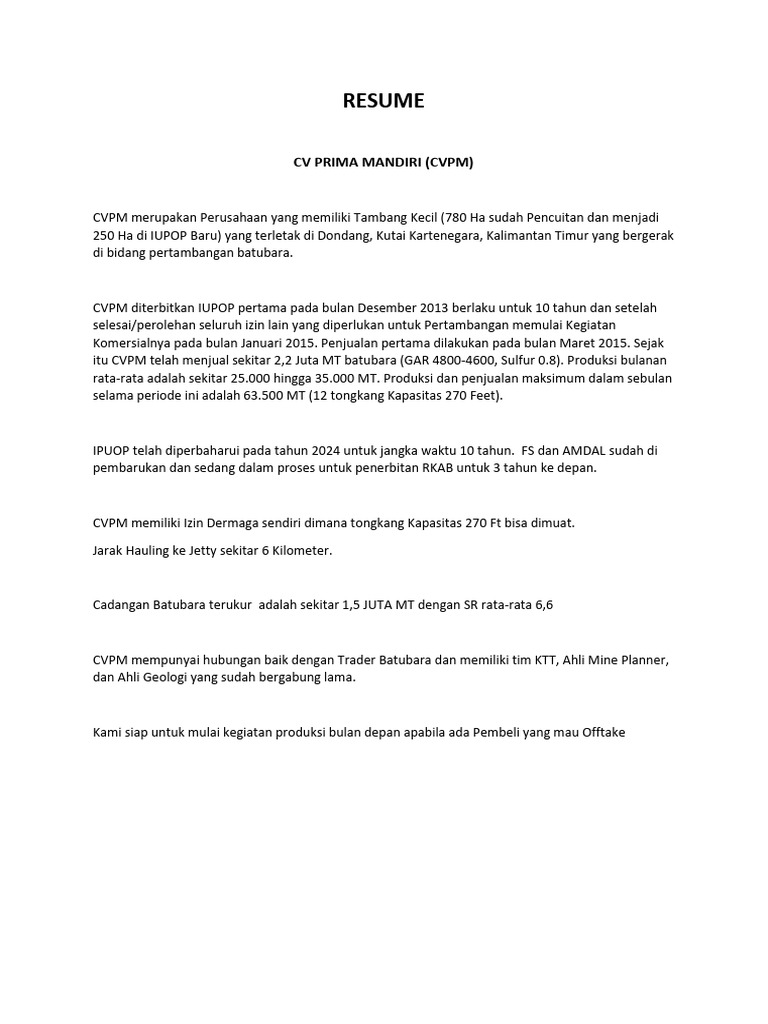 Resume Prima Mandiri | PDF