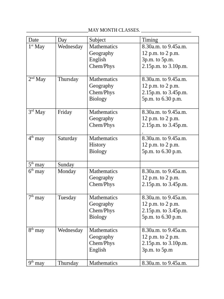 May Month Class Schedule | PDF