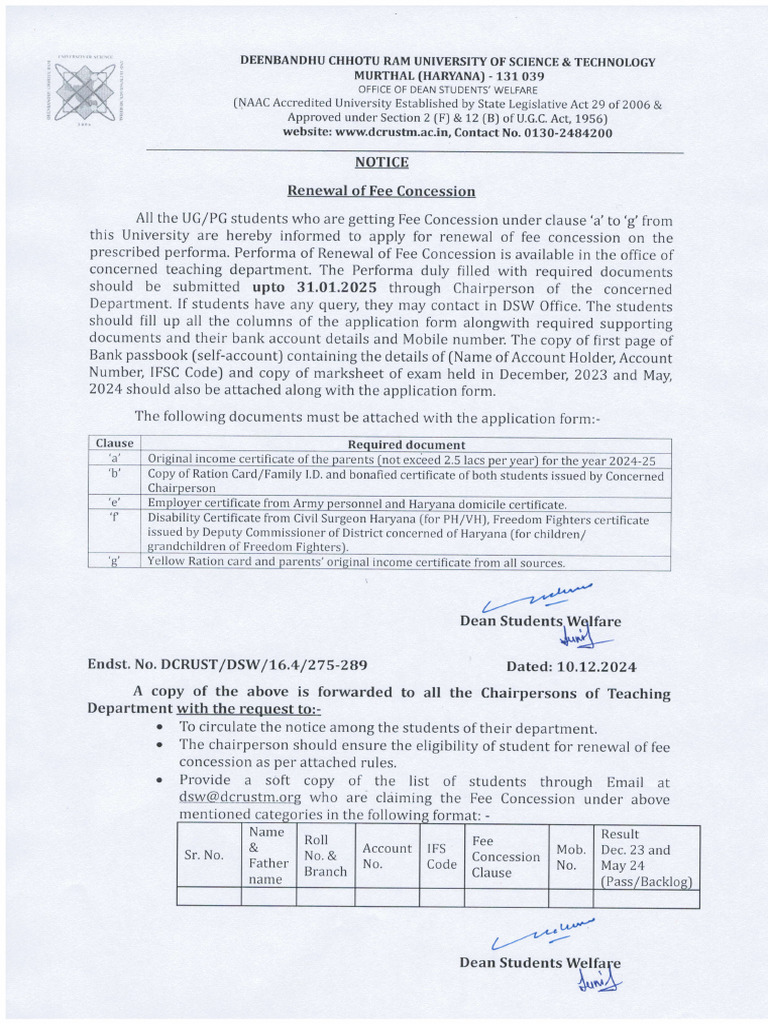 Notice Reg. Renewal of Fee Concession 2024-25 | PDF