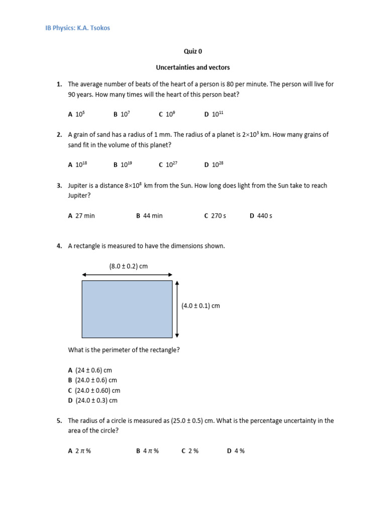 Quiz 0: Uncertainties & Vectors Answers | PDF | Volume | Sphere