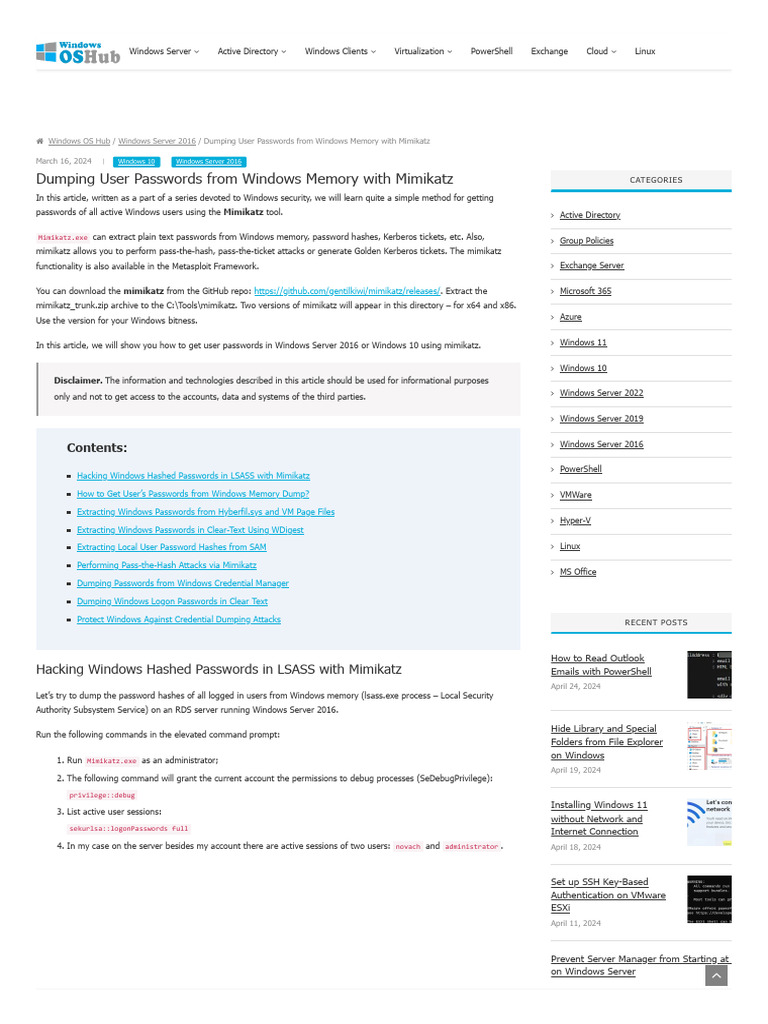 Dumping User Passwords from Windows Memory with Mimikatz _ Windows OS Hub | PDF | Windows ...