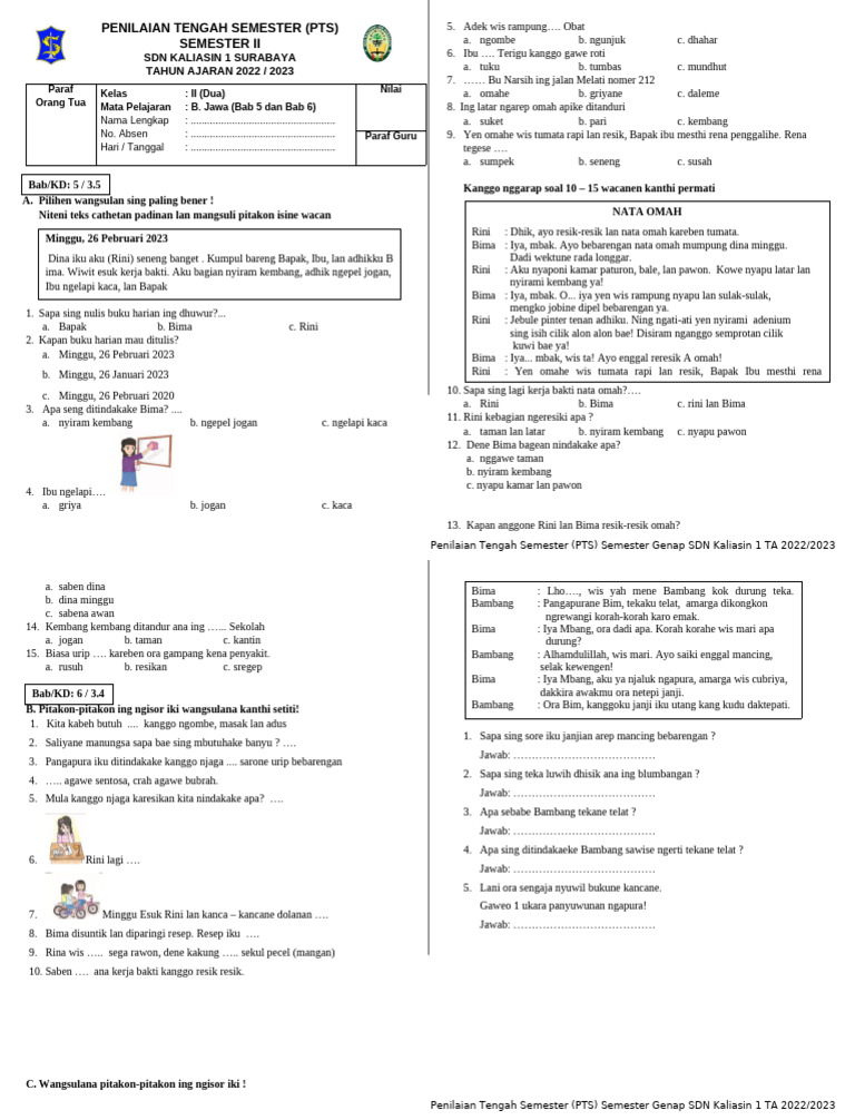 PTS BHS JAWA SMT 2 KELAS 2 2023 | PDF