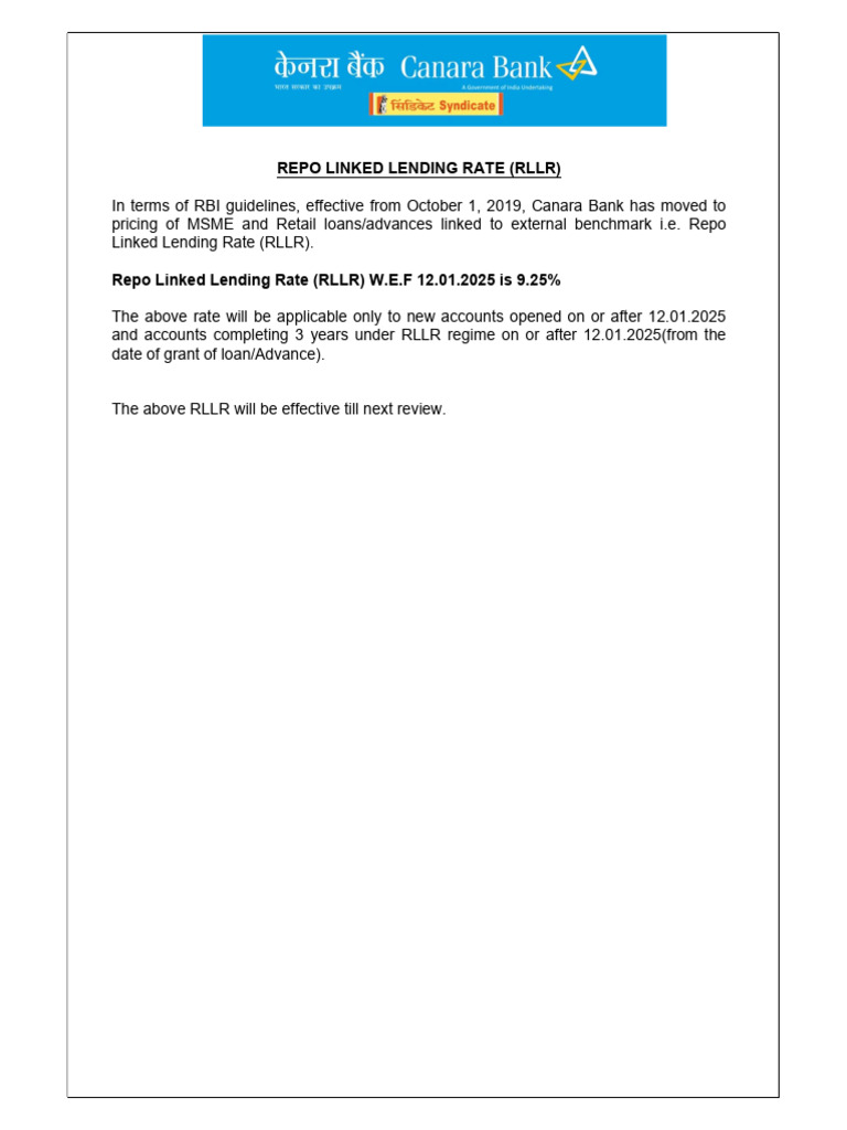 Canara Bank RLLR Rate Update 2025 | PDF