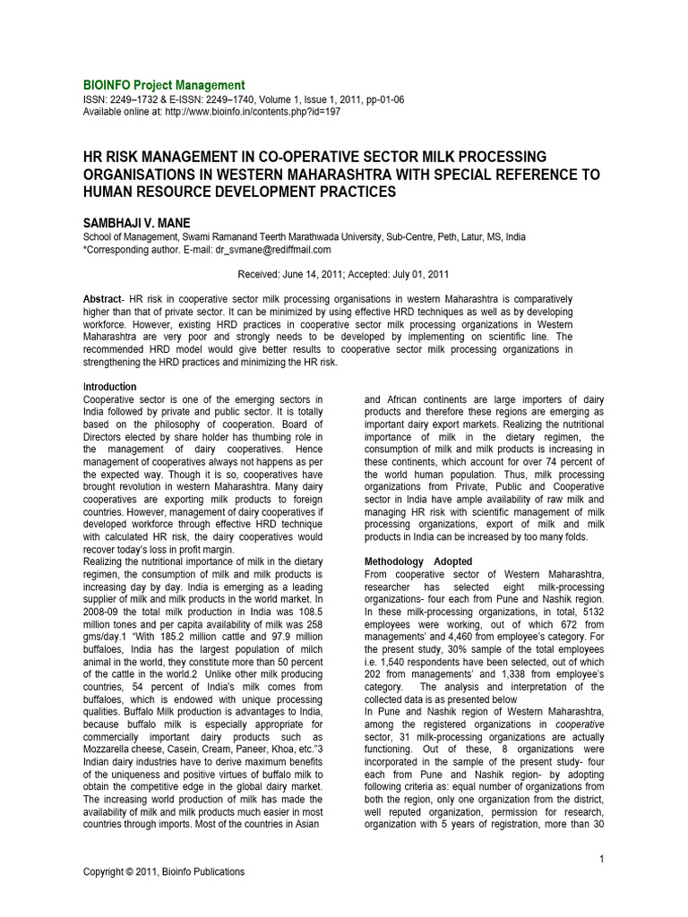 HR RISK MANAGEMENT IN CO-OPERATIVE SECTOR MILK PROCESSING | PDF ...