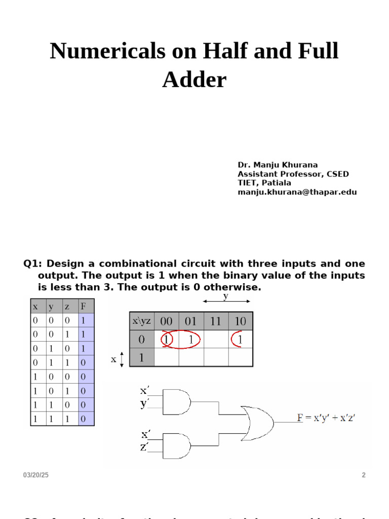 Numericals of Half and Full Adder | PDF