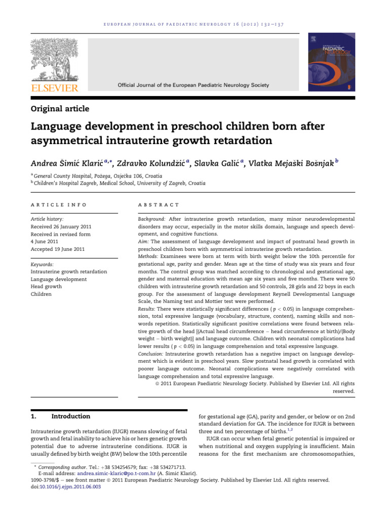 Language Development in Preschool Children Born After Asymmetrical Intrauterine Growth ...