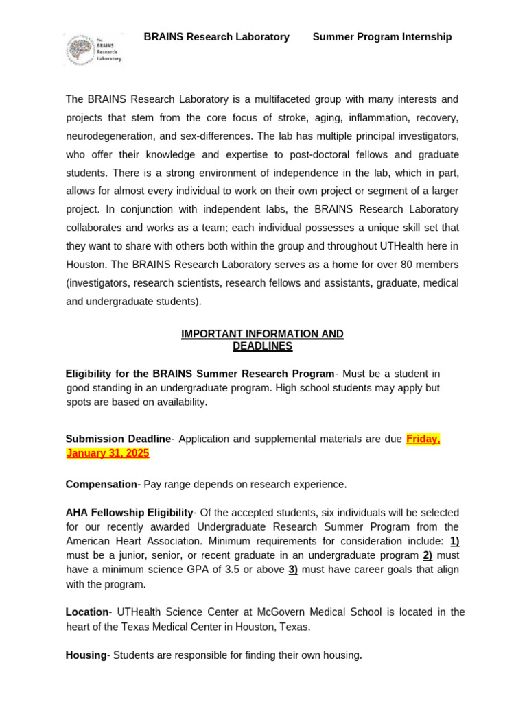 BRAINS Summer Research Program Details | PDF