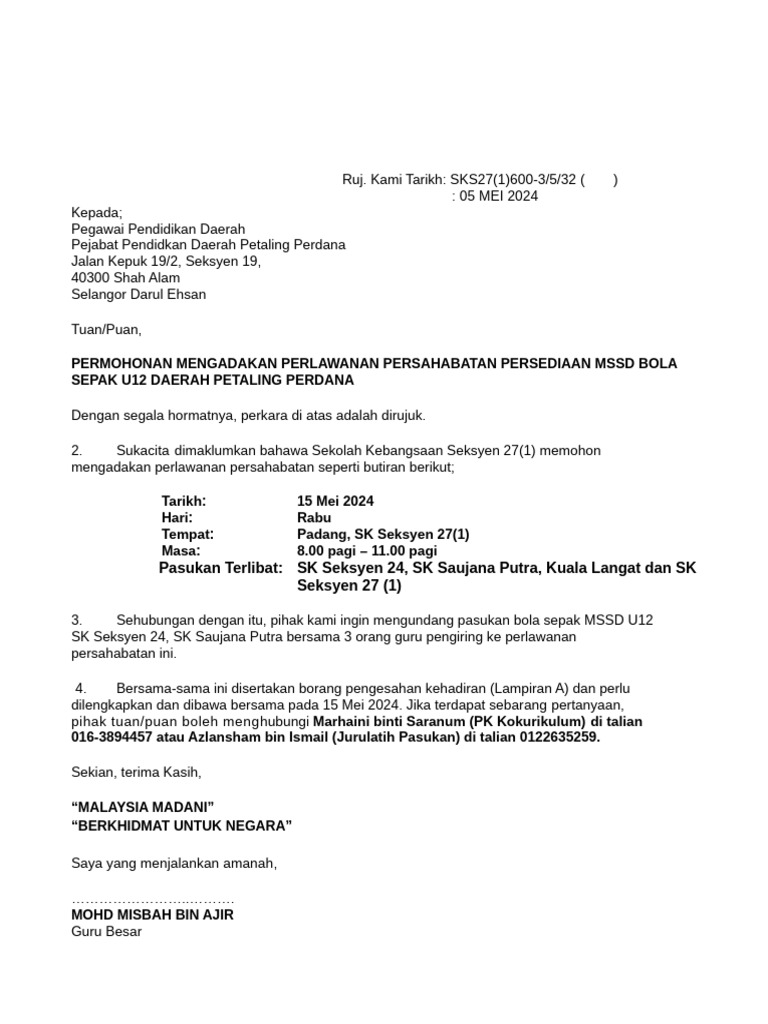 Surat Jemputan Friendly Games MSSD 2024 | PDF