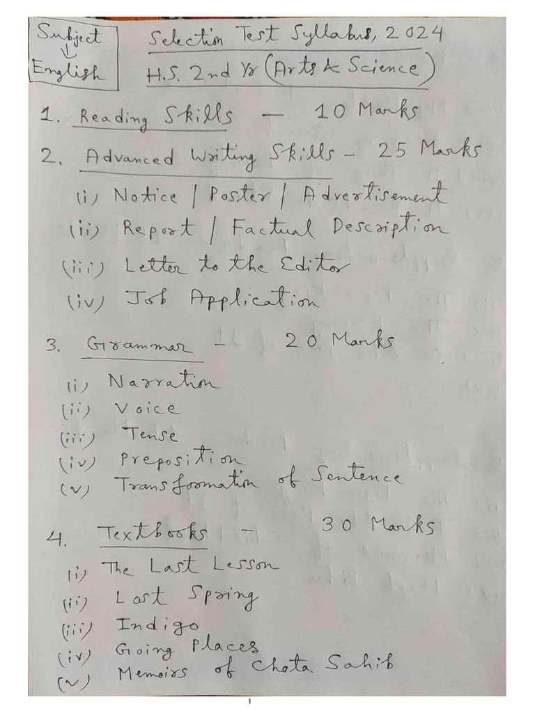 HS 2nd Yr English Syllabus | PDF
