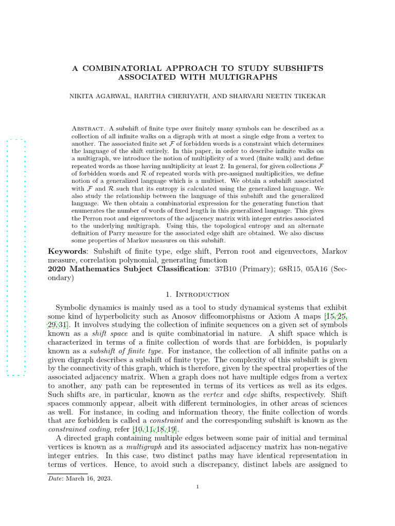A Combinatorial Approach To Study Subshifts | PDF | Matrix (Mathematics) | Eigenvalues And ...