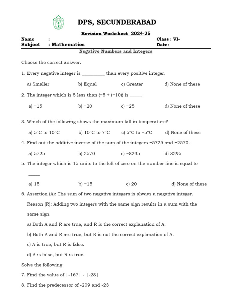 VI Mathematics Revision Worksheet 2024-25 | PDF | Area | Circle