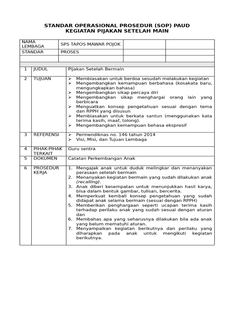 9 Sop Paud Kegiatan Pijakan Setelah Main | PDF