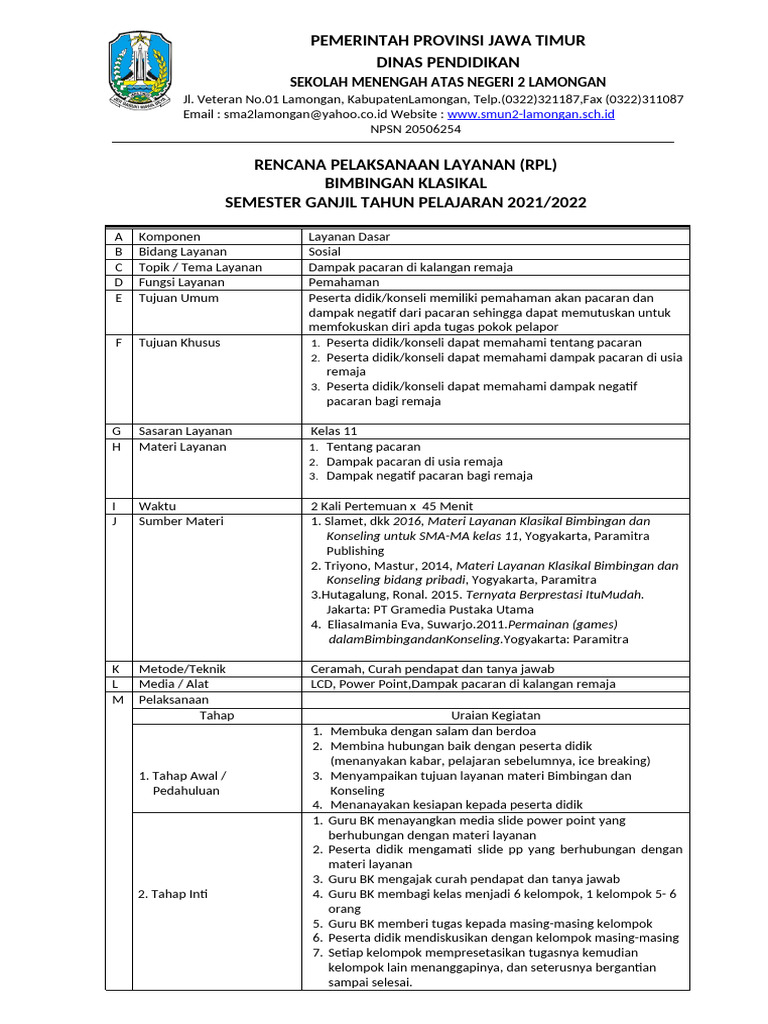 Dampak Pacaran Remaja: RPL SMA 2 Lamongan | PDF