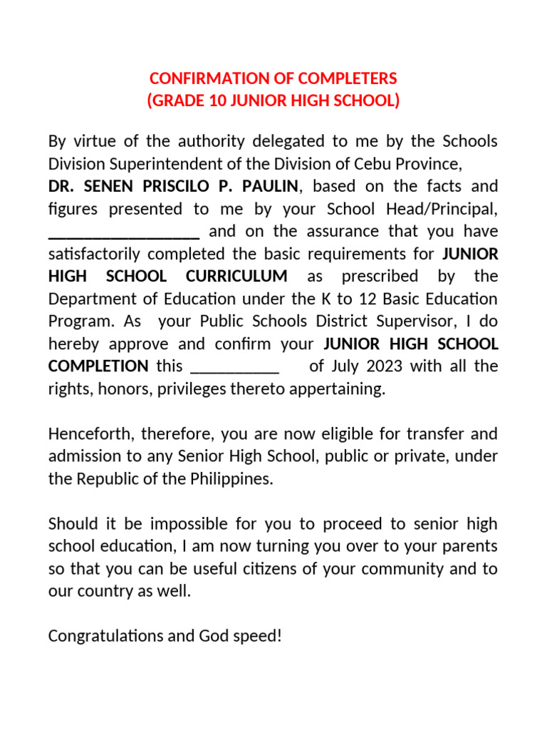 Graduation Message for Grade 10 Completers | PDF | Schools ...