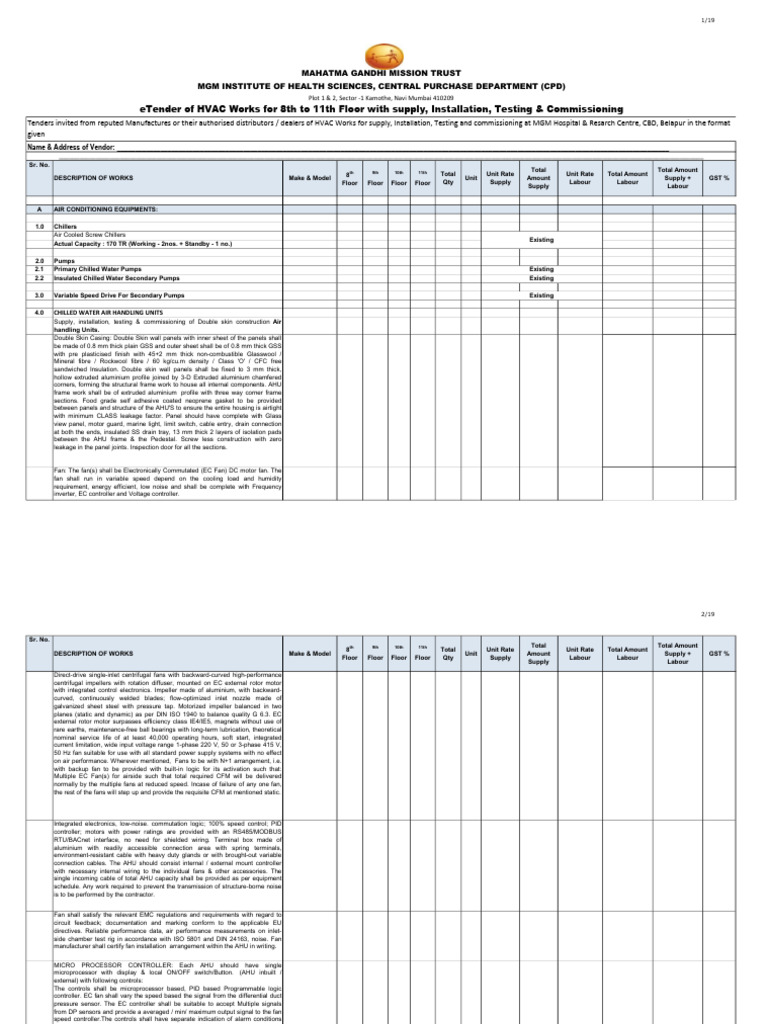 HVAC Tender for MGM Hospital Installation | PDF | Electrical ...