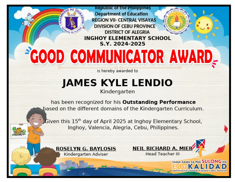 Outstanding Kindergarten Performance Award | PDF