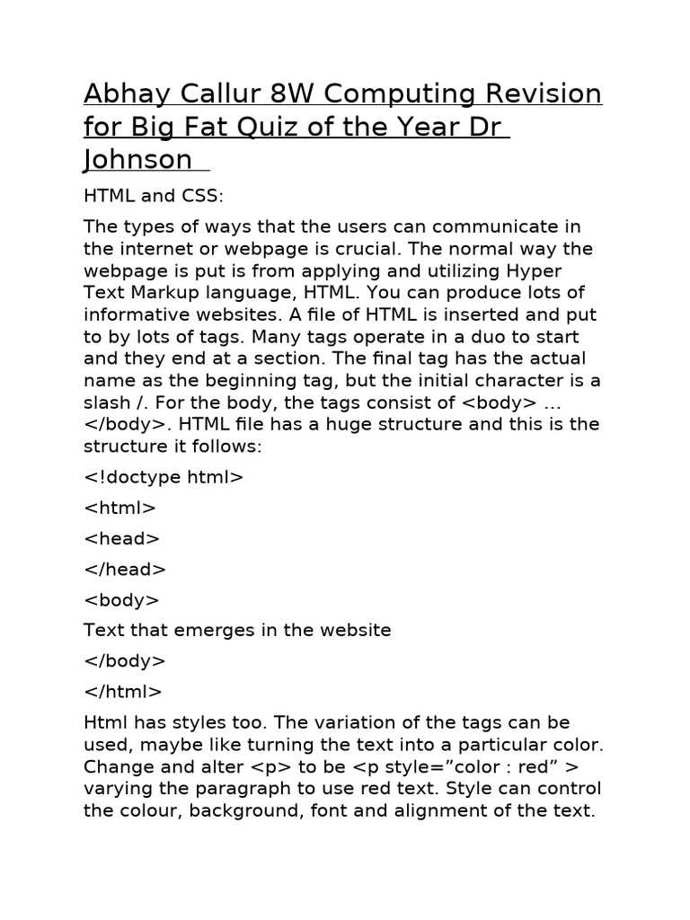 Document 73 Computing Revision For Quiz DR Johnson 8w Abhay | PDF