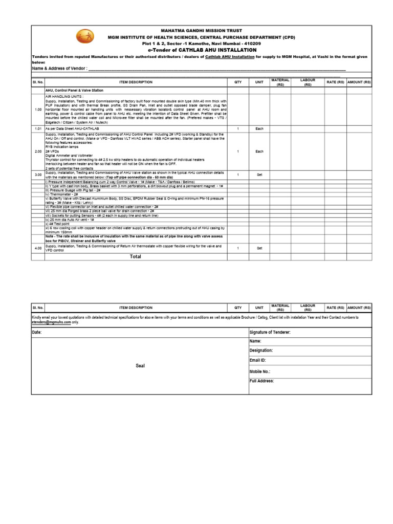 A) Boq - Cathlab Ahu Installation | PDF | Valve | Manufactured Goods