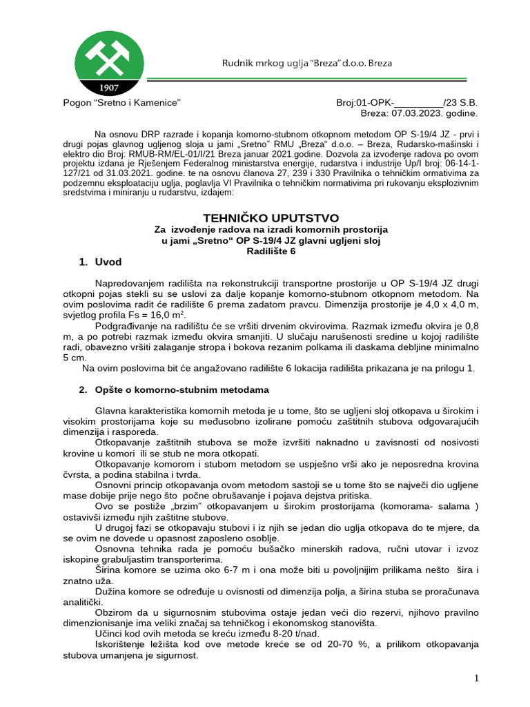 Tehnicko uputstvo 19-4 JZ radilište 6 | PDF