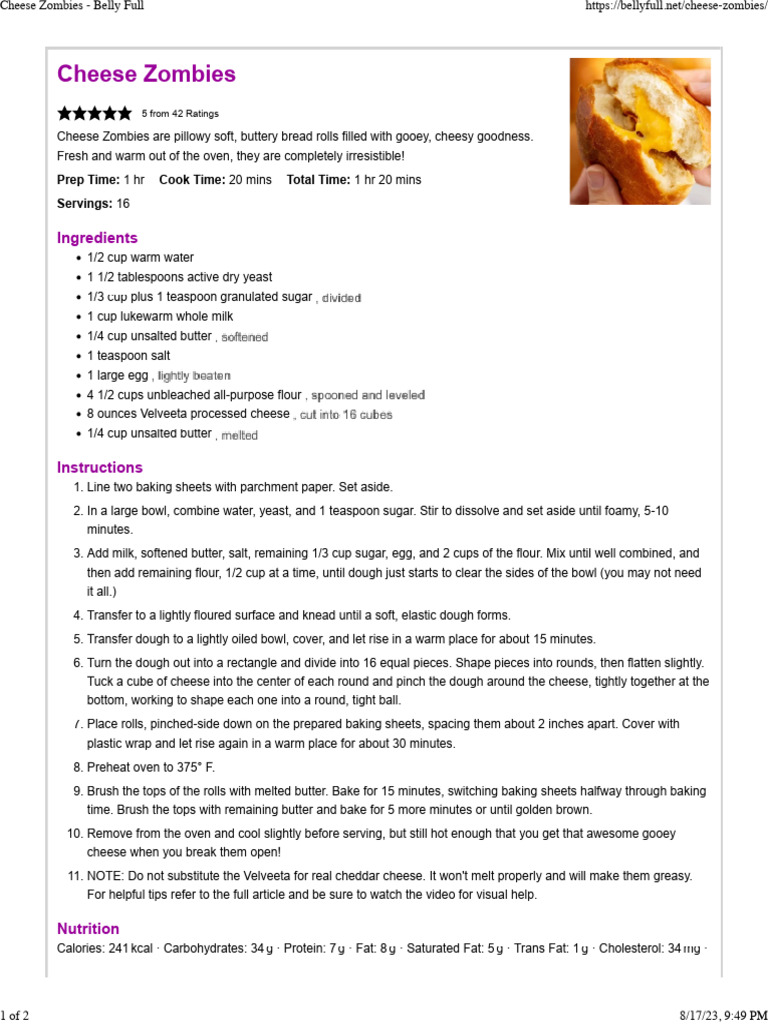 Cheesy Bread Rolls Recipe: Cheese Zombies | PDF | Fat | Nutrition Facts ...