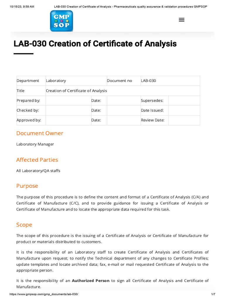 LAB-030 Creation of Certificate of Analysis - Pharmaceuticals Quality Assurance & Validation ...