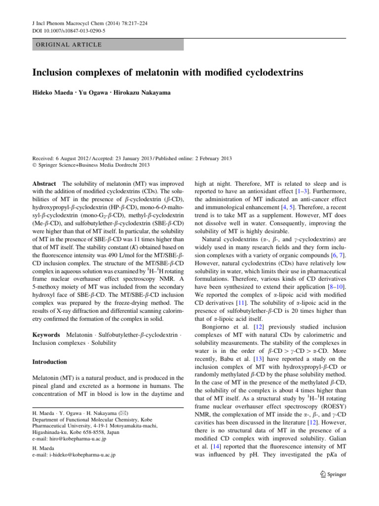 Inclusion Complexes of Melatonin With Modified Cyclodextrins | PDF | Two Dimensional Nuclear ...