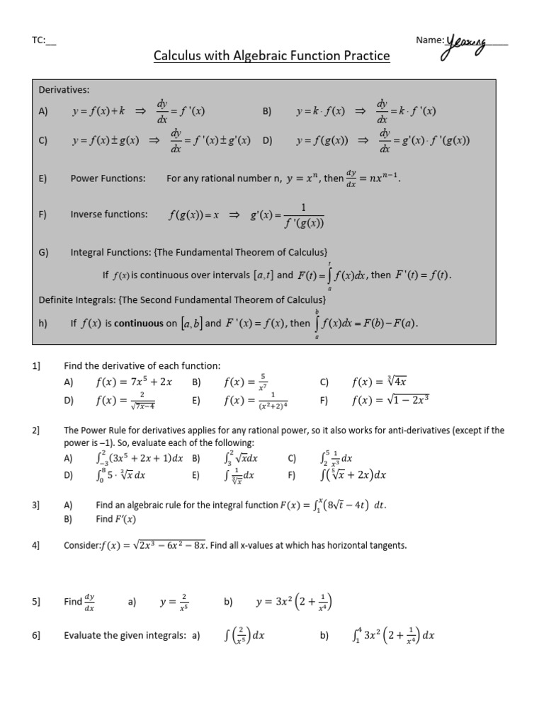 Calculus With Algebraic Function Practice | PDF | Integral | Calculus