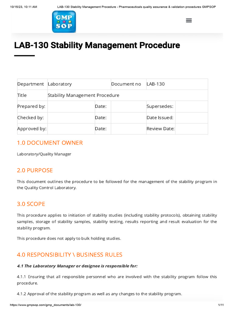 LAB-130 Stability Management Procedure - Pharmaceuticals Quality Assurance & Validation ...